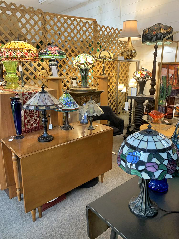 Tiffany-style lamps create a kaleidoscope of color and craftsmanship. Each one tells a story of evenings spent reading beneath their warm, artistic glow.