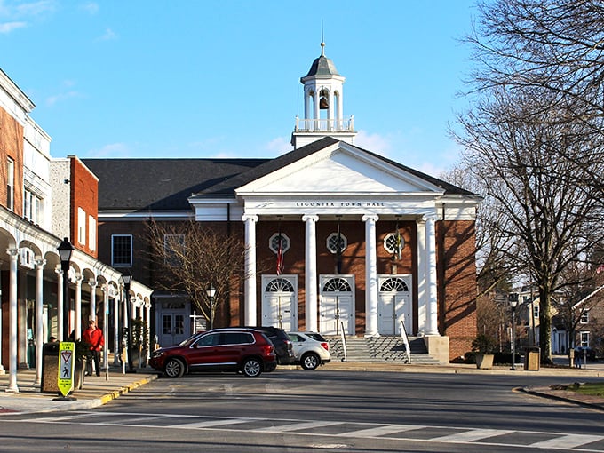 The stately Ligonier Town Hall commands attention with its classic columns and symmetrical design—Norman Rockwell couldn't have painted it better. 