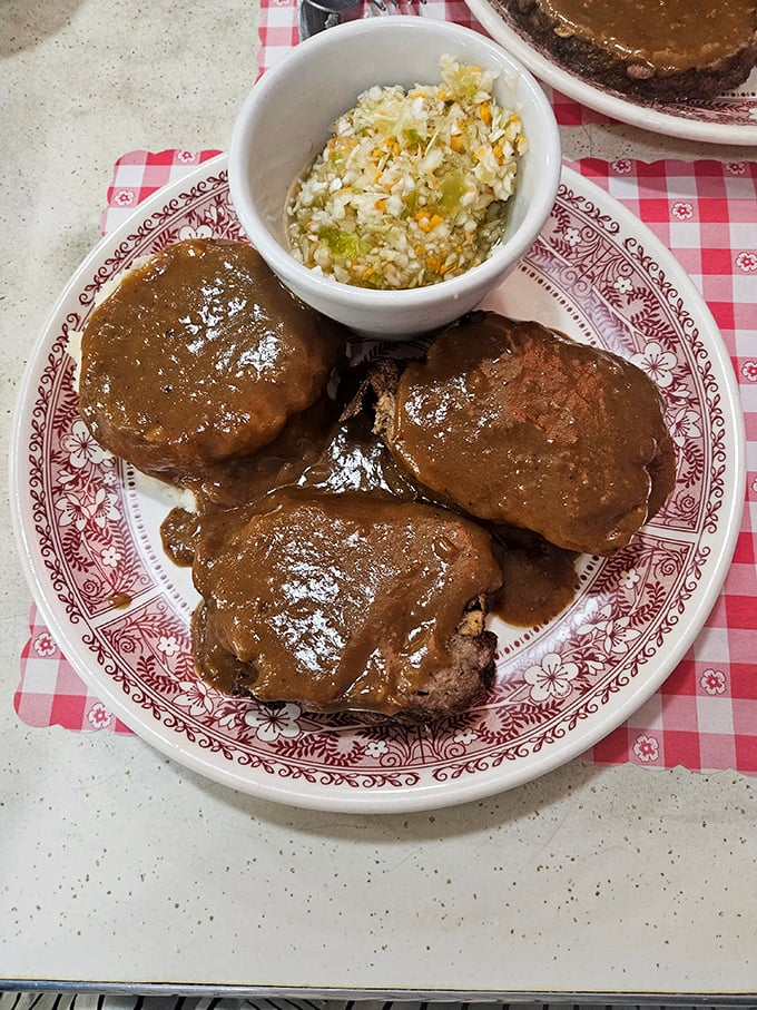Behold the star attraction: meatloaf drowning in gravy with a side of coleslaw. Grandmothers across Pennsylvania are nodding in approval.