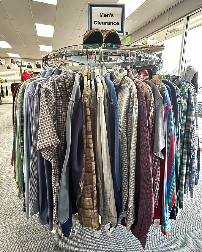 The men's clearance carousel—where yesterday's fashion finds tomorrow's style champion. One man's "last season" is another's "just discovered."