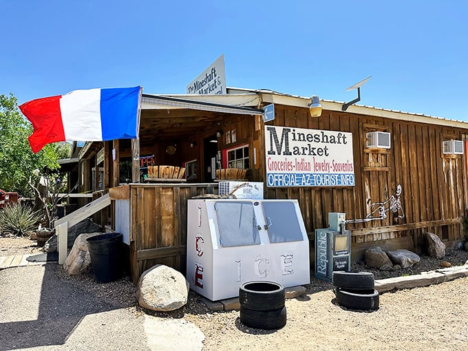 The Mineshaft Market proudly flies its colors while promising the essentials – groceries, Italian jewelry, and souvenirs. Only in Chloride would this combination make perfect sense!