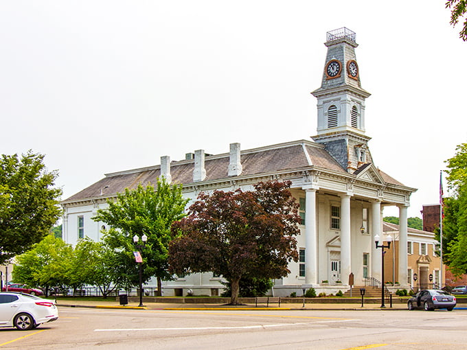The Morgan County Courthouse stands regally with its clock tower and columns, like a dignified elder statesman overseeing the town's daily business.