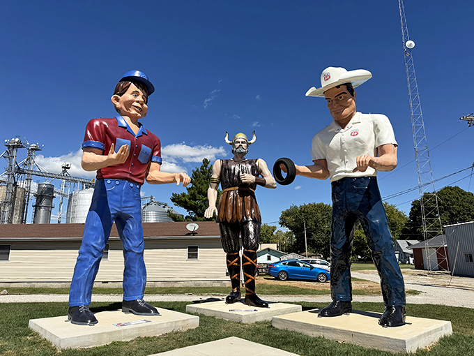 Three amigos of the highway! These colorful sentinels once stood guard outside businesses across America, silently shouting "Stop here!" to passing motorists.