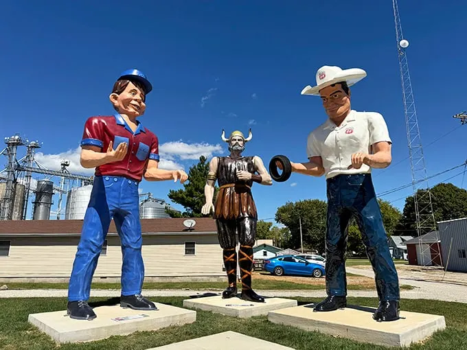 Three amigos of the highway! These colorful sentinels once stood guard outside businesses across America, silently shouting "Stop here!" to passing motorists.