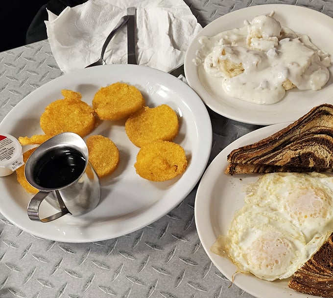 Golden hash browns and biscuits smothered in gravy that's whiter than a Midwest winter – comfort food that doesn't just speak to your soul, it gives it a warm bear hug.
