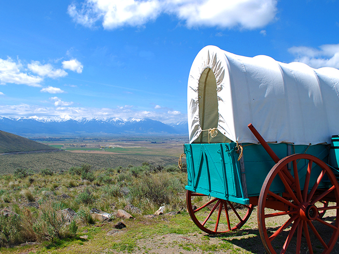 This covered wagon overlooks Baker Valley, reminding us that Oregon Trail pioneers faced hardships we can't imagine—like no Wi-Fi.