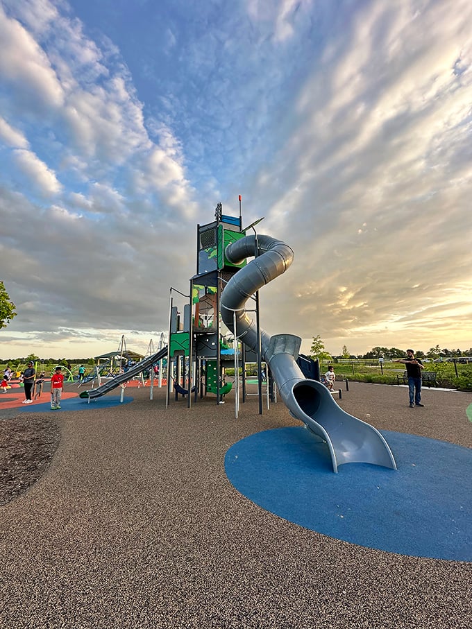 Modern playground equipment reaching toward endless Delaware skies. This park combines cutting-edge fun with the timeless appeal of open spaces.