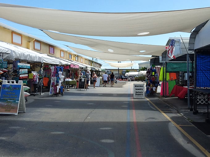 Shade sails provide merciful relief from the Florida sun as shoppers navigate this outdoor bazaar of possibilities, each stall its own micro-universe.