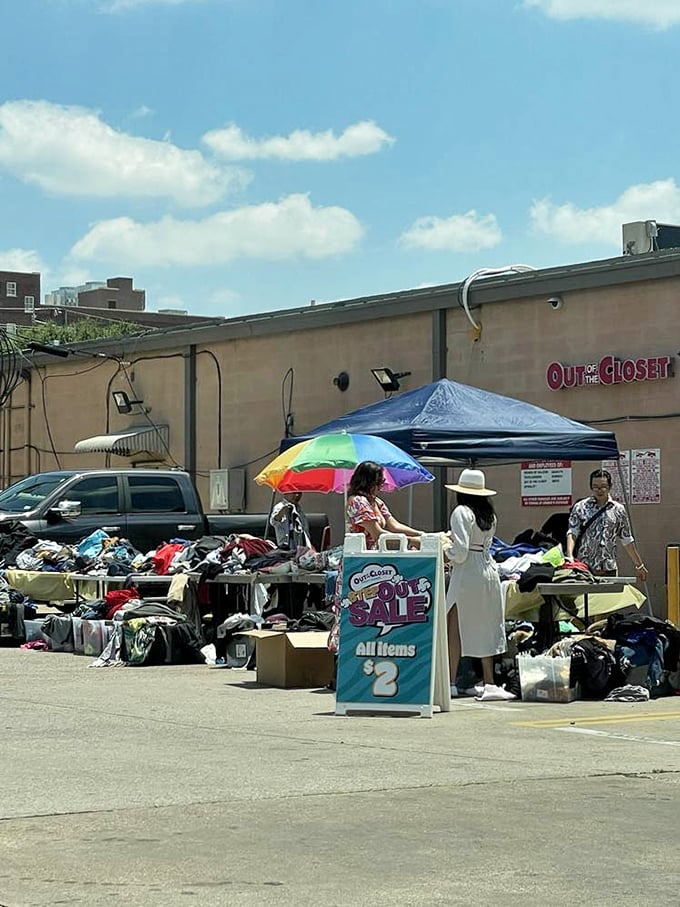 Under the Texas sun, bargain hunters sift through outdoor displays where three-dollar treasures await new homes.