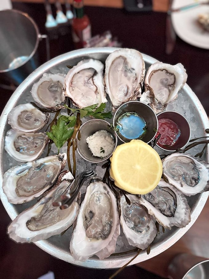 These oysters aren't just served—they're presented like jewelry on a silver platter, each one a briny little gift from the sea.