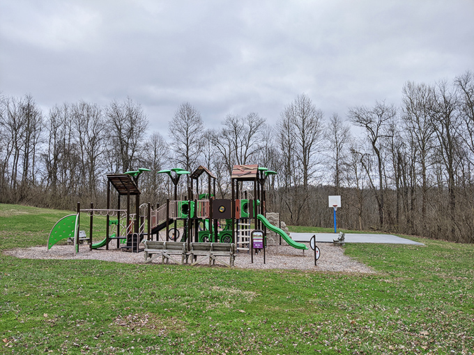 Even playground equipment looks more adventurous against the backdrop of Paint Creek's leafless winter woods – nature's waiting room before spring's grand entrance.