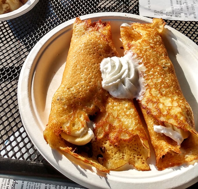 Behold the famous crepe-style hotcakes in their rolled glory! Crispy edges, creamy filling—this is breakfast engineering at its finest.