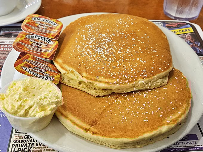 Behold the pancake stack that launched a thousand diets—and broke them all. Golden, fluffy discs of joy that make Monday mornings bearable again.