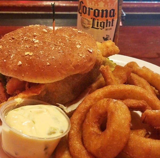 The legendary perch sandwich in its natural habitat, surrounded by golden waffle fries and anticipation. Lake Erie never tasted so good.