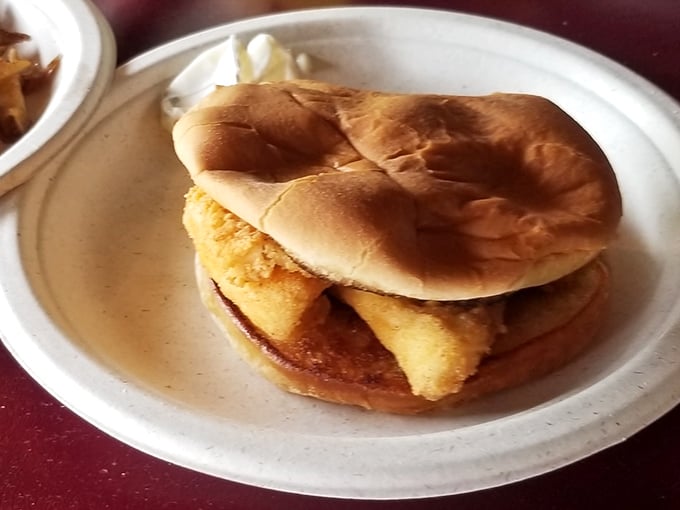 The star of the show arrives on a simple bun, golden-brown perch fillets stacked high. This isn't Instagram food—it's the real deal that makes Ohioans drive for hours.