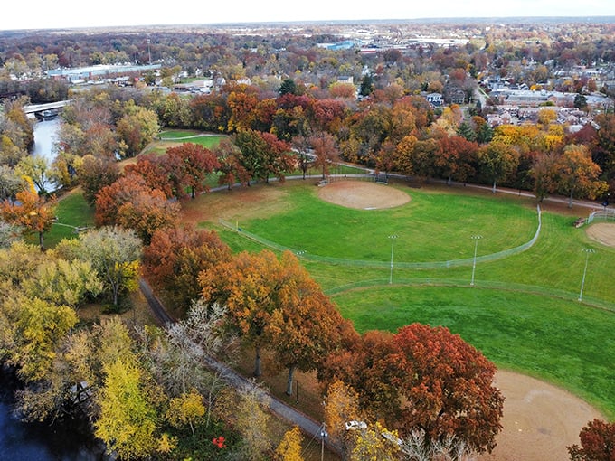 Perkins Park unfurls its autumn tapestry from above, a patchwork quilt of amber and crimson that Mother Nature seems particularly proud of.