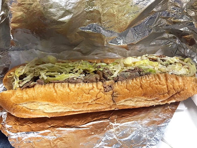 Behold the star of the show: thinly sliced beef, perfectly grilled onions, and melted cheese cradled in a roll that's both sturdy and yielding—sandwich architecture at its finest.