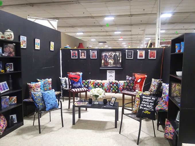 Comic book heroes and pop culture find new life in this carefully curated booth. Someone's childhood obsession becomes another's living room conversation piece.