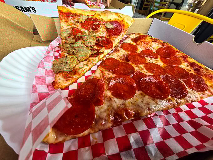 These pepperoni slices curl into perfect little flavor cups – nature's way of telling you this pizza means business.