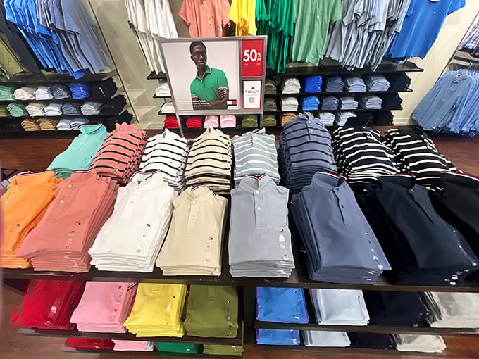 A color spectrum of polo shirts stands at attention, ready to rescue countless men from their "I have nothing to wear" complaints.