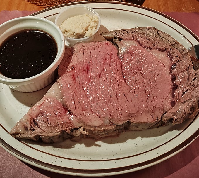 Behold the star of the show: prime rib so perfectly pink it makes vegetarians question their life choices.