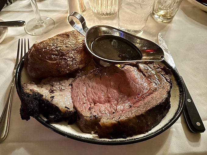 Behold the star of the show: prime rib so perfectly roasted it makes you want to cancel all other dinner plans forever.