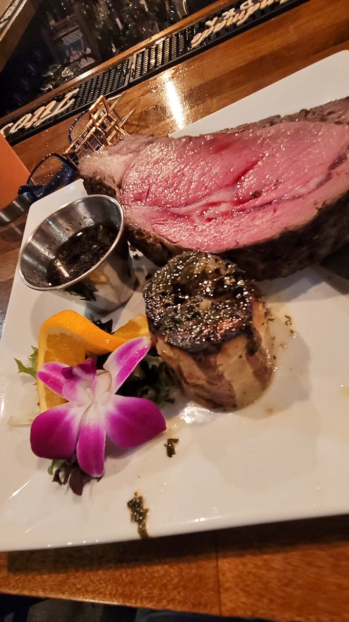 This menu isn't just a list – it's a roadmap to carnivorous bliss with that Thursday night prime rib stealing the spotlight.
