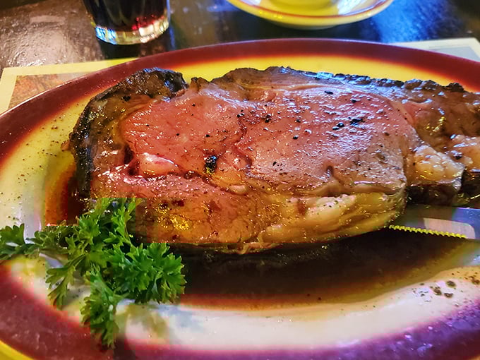 Behold the star of the show—prime rib so perfectly pink it makes even seasoned carnivores pause for a moment of reverent silence before diving in.