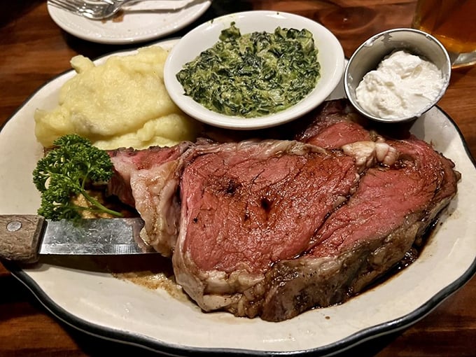 This isn't just prime rib; it's a masterclass in meat. The creamed spinach and horseradish are merely supporting actors in this beefy drama.