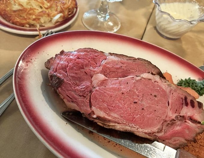 Behold the prime rib in all its rosy, juicy glory. This isn't just dinner—it's the reason elastic waistbands were invented.
