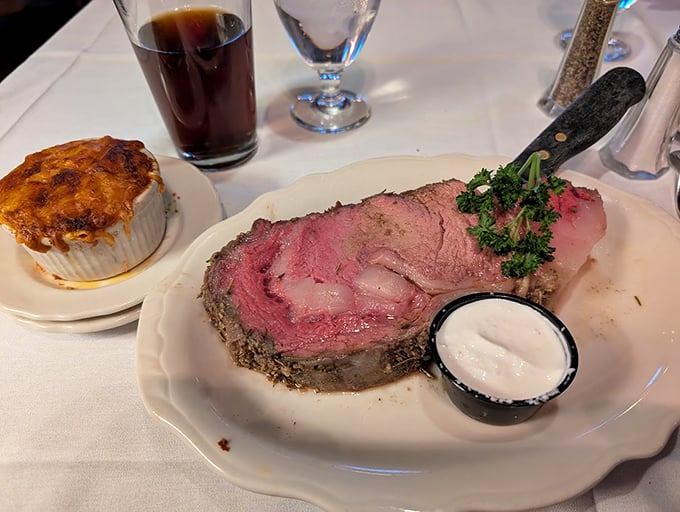 HOBNOB's legendary prime rib arrives in all its glory—perfectly pink, herb-crusted, with horseradish cream standing by for that sinus-clearing kick.
