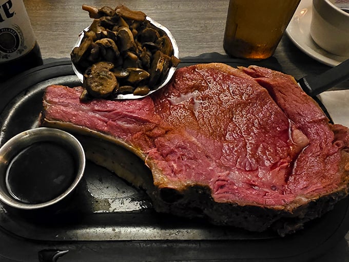Behold the star of the show—prime rib so perfectly pink it should have its own Instagram account, with mushrooms and au jus playing worthy supporting roles.