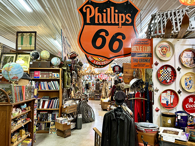 Route 66 memorabilia and vintage advertising signs transport you to America's golden age of road trips—no DeLorean required for this time travel adventure.