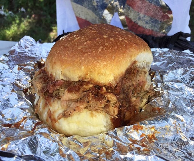 This isn't just a sandwich; it's a monument to patience. Tender pulled pork spilling out of a soft bun—the kind of meal worth driving across state lines for.