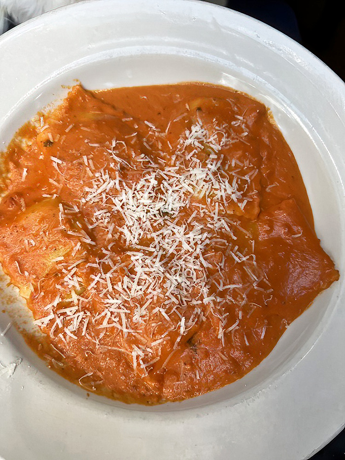 This ravioli could make a grown person weep tears of joy – perfectly plump pasta pillows in tomato cream heaven.