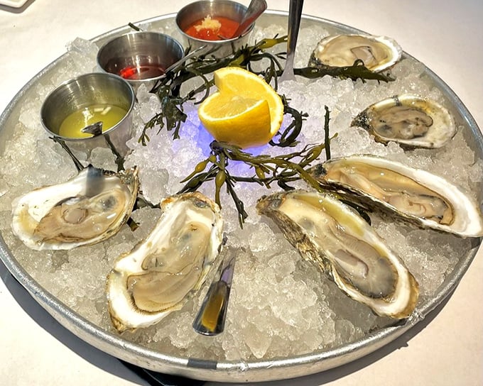 These oysters aren't just served—they're presented like the crown jewels they are. That mignonette sauce is the supporting actor that deserves its own Oscar.