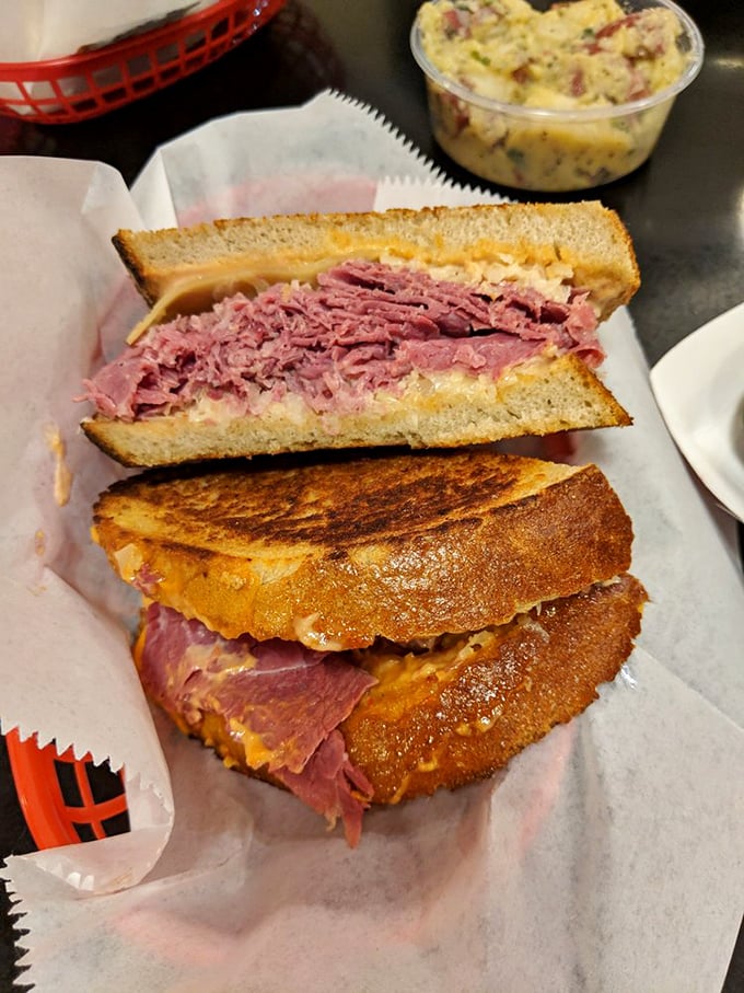 Not so much a sandwich as an engineering marvel – layers of pink corned beef creating what can only be described as meat architecture.