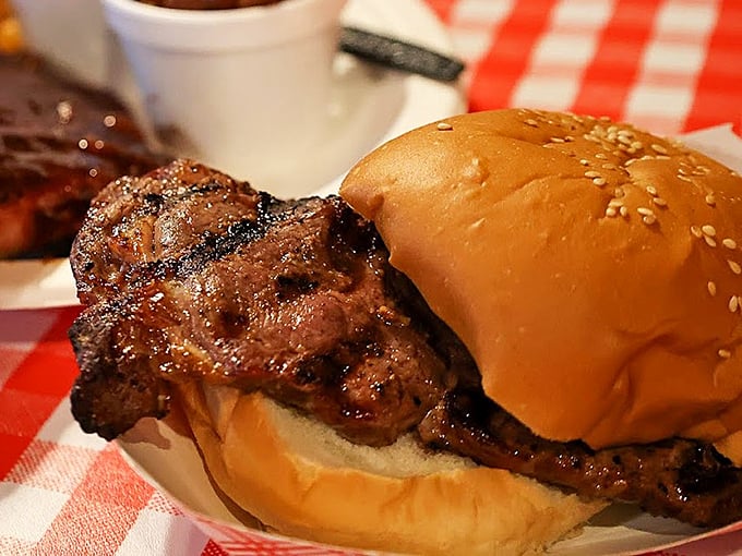 The star of our show – a ribeye steak sandwich that doesn't just satisfy hunger, it creates memories with each perfectly seasoned, juicy bite.