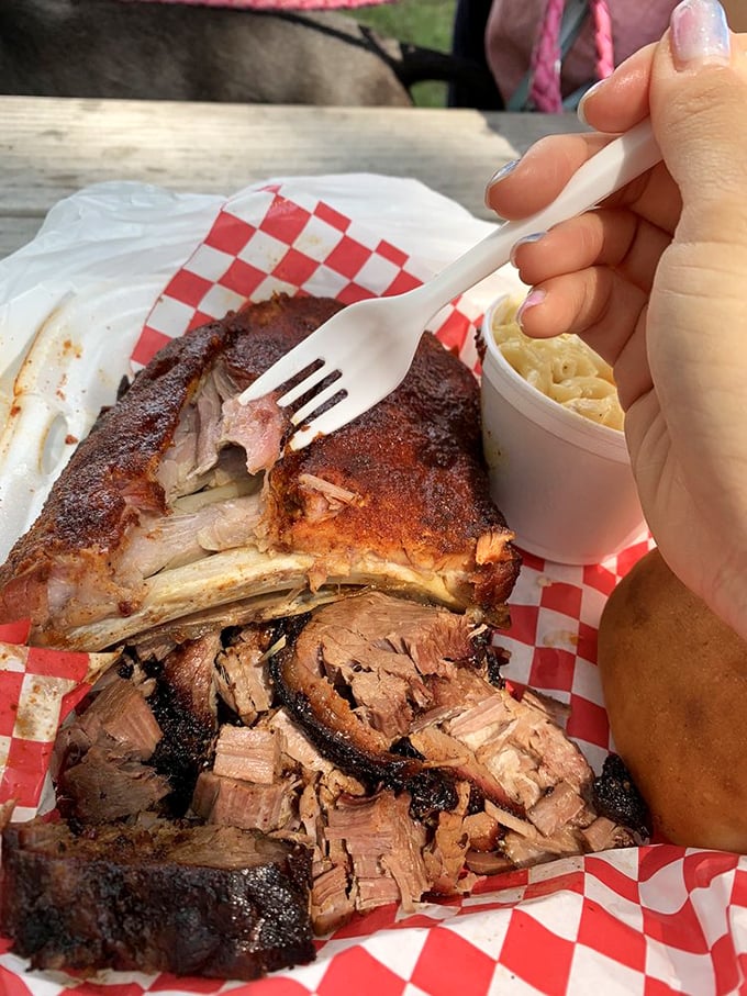 These ribs showcase that perfect pink smoke ring – nature's way of saying "patience rewarded." The fork is merely a suggestion.