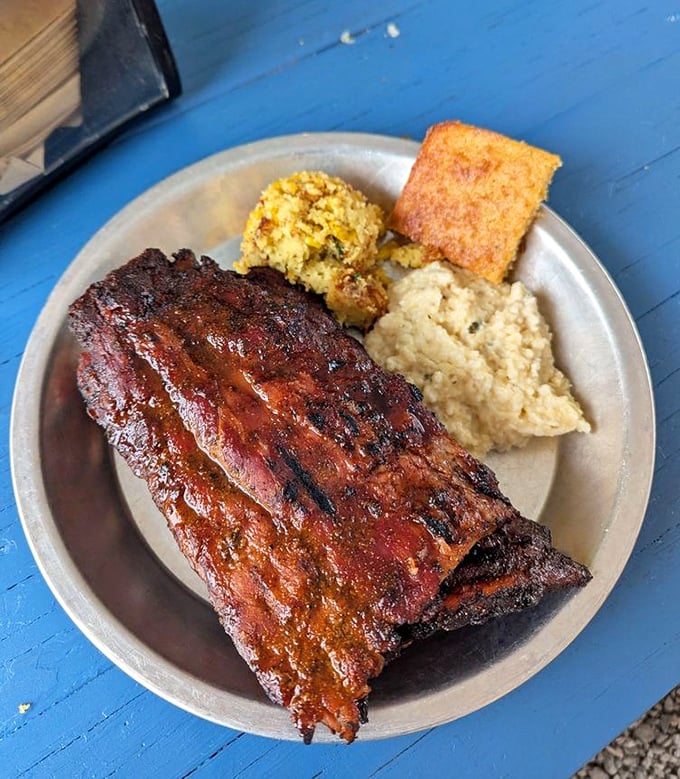 Behold the holy grail of barbecue – ribs with a bark so perfect, they should be in a museum. The sides aren't playing second fiddle either.