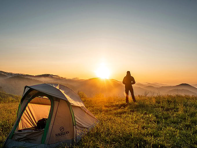 Sunrise camping in the Huntingdon hills—where morning coffee tastes better and smartphone notifications seem hilariously unimportant against this golden backdrop.