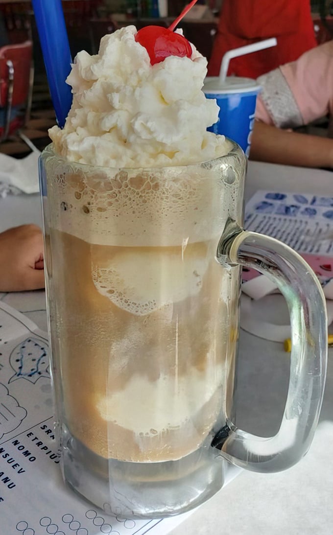 The legendary root beer float arrives like a frothy masterpiece. That perfect moment when ice cream meets soda – childhood bliss in a frosted mug.