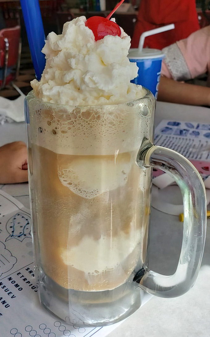 The legendary root beer float arrives like a frothy masterpiece. That perfect moment when ice cream meets soda – childhood bliss in a frosted mug.