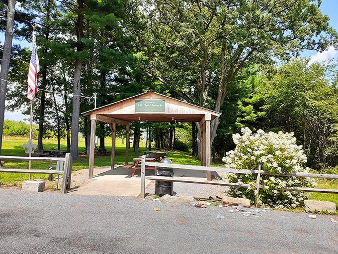 This rustic pavilion at Scripture Rocks Heritage Park invites visitors to pause and enjoy nature's air conditioning beneath a canopy of Pennsylvania pines.