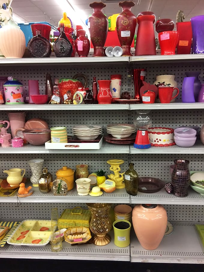 A rainbow explosion of home décor! From kitschy strawberry pitchers to elegant vases, someone's former treasures await adoption.