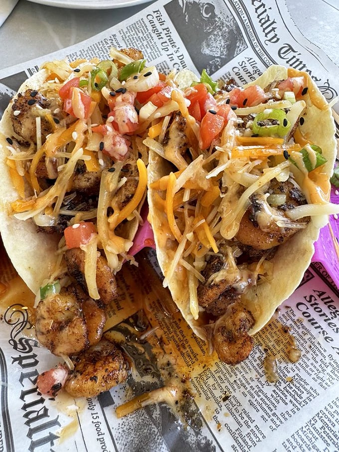 These shrimp tacos aren't just served, they're presented—a masterpiece of perfectly seasoned Gulf shrimp, fresh slaw, and colorful toppings on a newspaper stage.