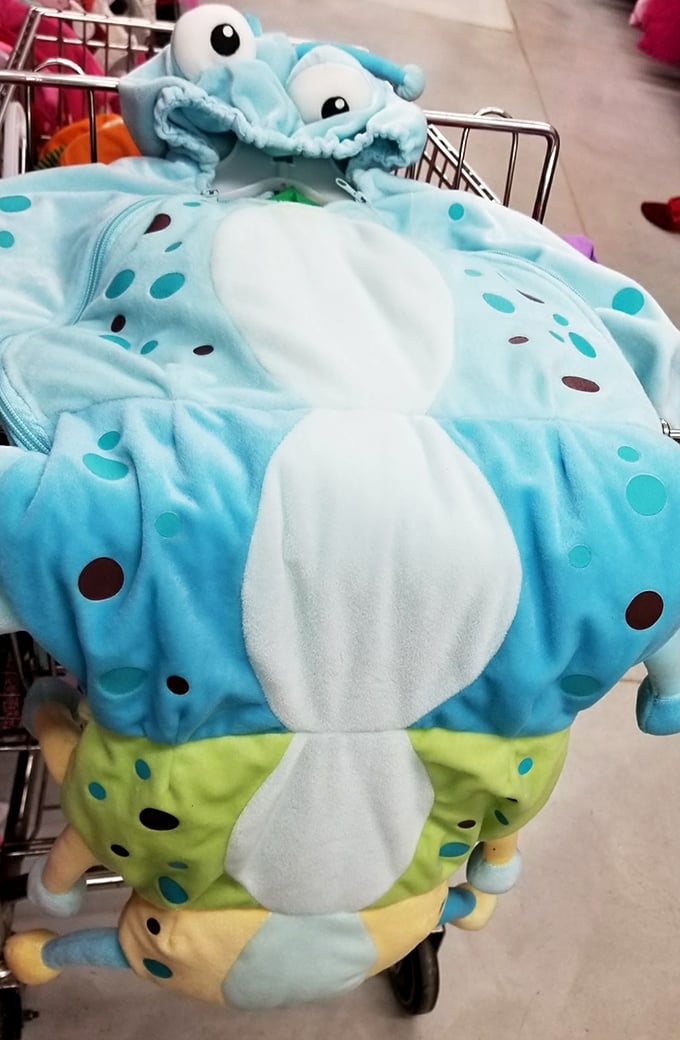 Monster onesies lurking in the children's section. Perfect for both Halloween and those Ohio winter mornings when the heat's on the fritz.