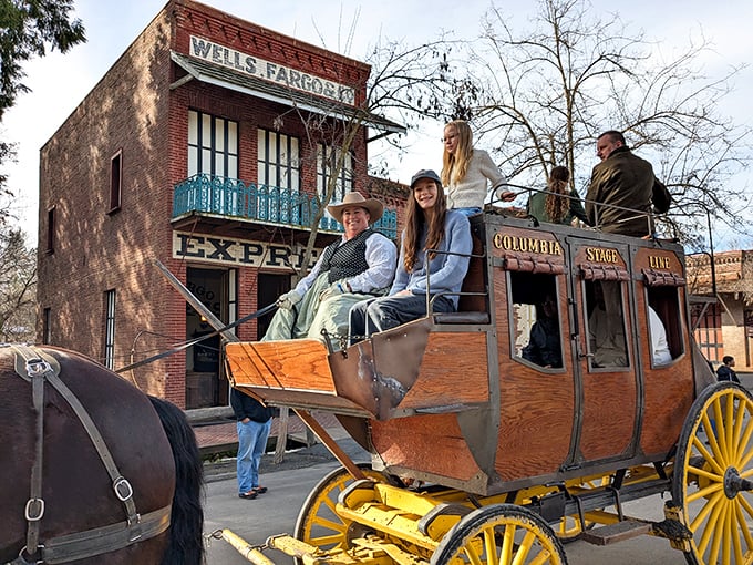 All aboard! The stagecoach experience at Columbia isn't just transportation – it's time travel with leather suspension and wooden wheels.
