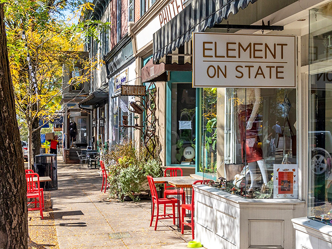 Element on State exemplifies Kennett's shopping charm—those red chairs aren't just seating, they're invitations to slow down and savor the moment.