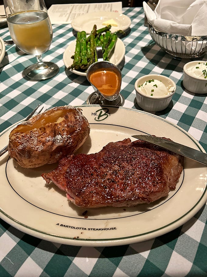 Behold, the steak that launched a thousand food dreams—perfectly seared, served with a baked potato that's practically begging to be devoured.